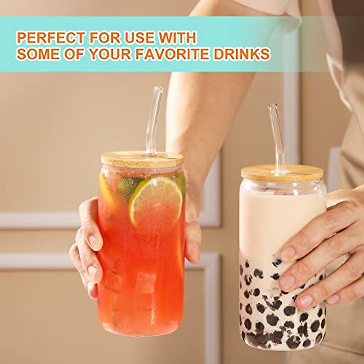 Glass Cups with Bamboo Lids and Straws 4pcs Set,16oz Wide Mouth Drinking Mason Glass Tumbler,Reusable Beer Cans Glasses,Iced Coffee Glass, Juice Boba Cup, Pearl Glass,Milk Cup -wih 2 Brushes