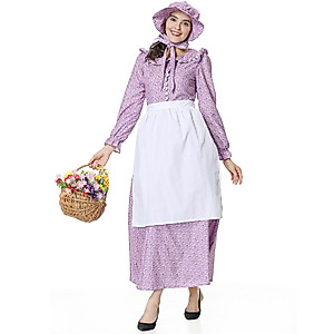 GRAJTCIN Pioneer Woman Costume Colonial Prairie Dress Women Floral Historical Costume Halloween Dress Up Long Sleeves Purple - Medium