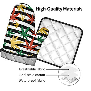 Oven Mitts and Pot Holders Sets Colorful Weed Oven Gloves Heat Resistant Potholders Washable Non-Slip BBQ Gloves with Hanging Loop for Women Men Kitchen Baking Cooking Grilling