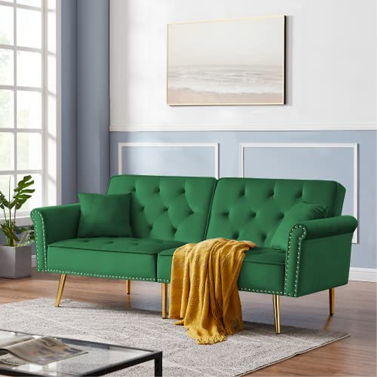 SZLIZCCC 76.7" Velvet Futon Sofa Bed, Copper Nail Decoration Accent Sofa, Convertible futon Couch, backrest can be Adjusted at Three Angles, Sleeper Sofa, Bed Size-Twin.(Green)