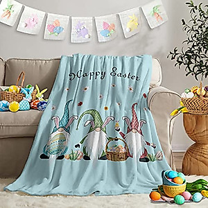 Throw Blankets Happy Easter Gnomes Basket Eggs Fuzzy Soft Bed Cover Bedspread Microfiber Luxury Blanket for Travel Stadium Camping Couch Sofa Chair Blue