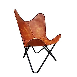 Classy Handmade Leather Living Room Chairs-Butterfly Chair Tan Side Hand Stitch Leather Butterfly Chair-Handmade with Powder Coated Folding Iron Frame (Cover with Folding Frame)