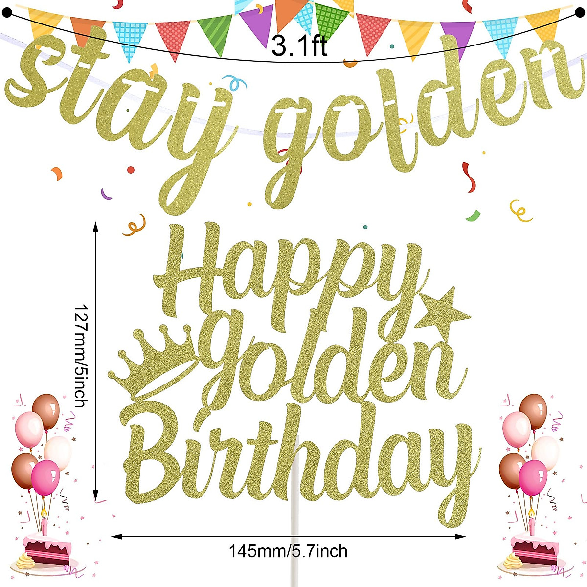 Happy Golden Birthday Cake Topper, Stay Golden Glitter Banner Gold Birthday Decorations Golden Girls Party Supplies Golden Birthday Gifts Hanging Garland for Boys Girls Birthday Baby Shower Party