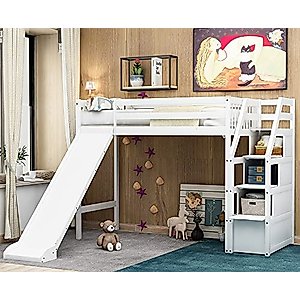 Bellemave Wood Loft Bed with Slide, Twin Loft Bed with Staircase, Loft Bed with Storage for Kids Girls Boys, White