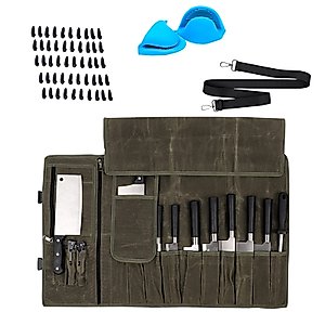 HERSENT Waxed Canvas Chef’s Knife Roll Bag,Army Green Knife Wrap,Portable Knife Roll, Waterproof Pocket Knife Carrier,Durable 16oz Knife Case With Adjustable Shoulder Strap