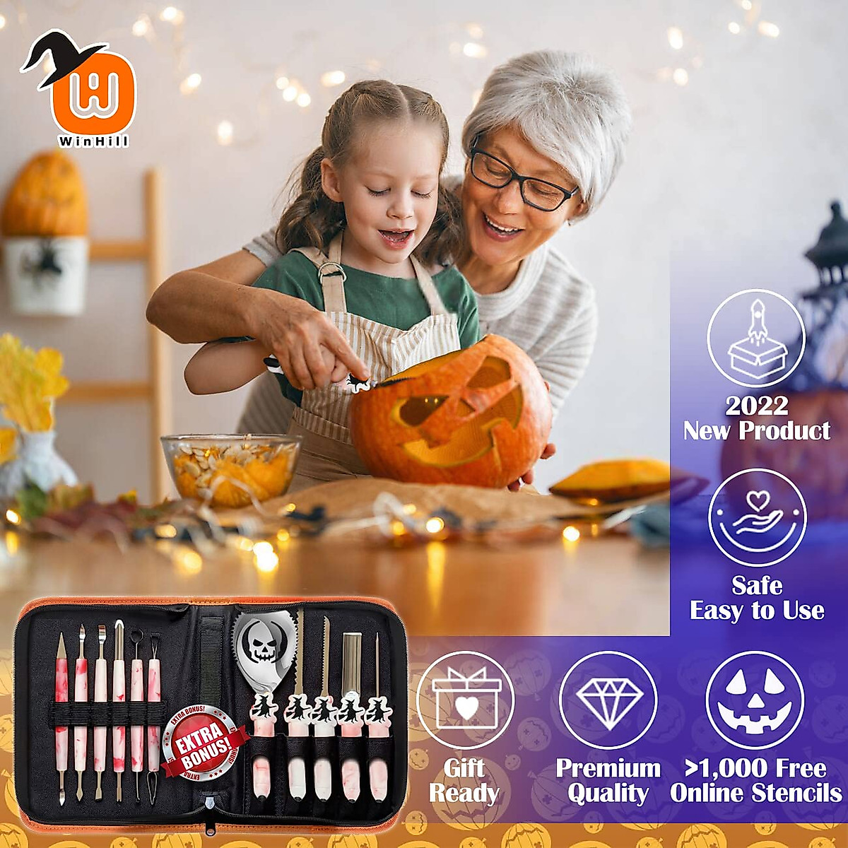 Pumpkin Carving Kit with Stencils Ebook & Carrying Case, 22 PCs Heavy Duty Stainless Steel Knife Professional Sculpting Tool Set for Kid Adult