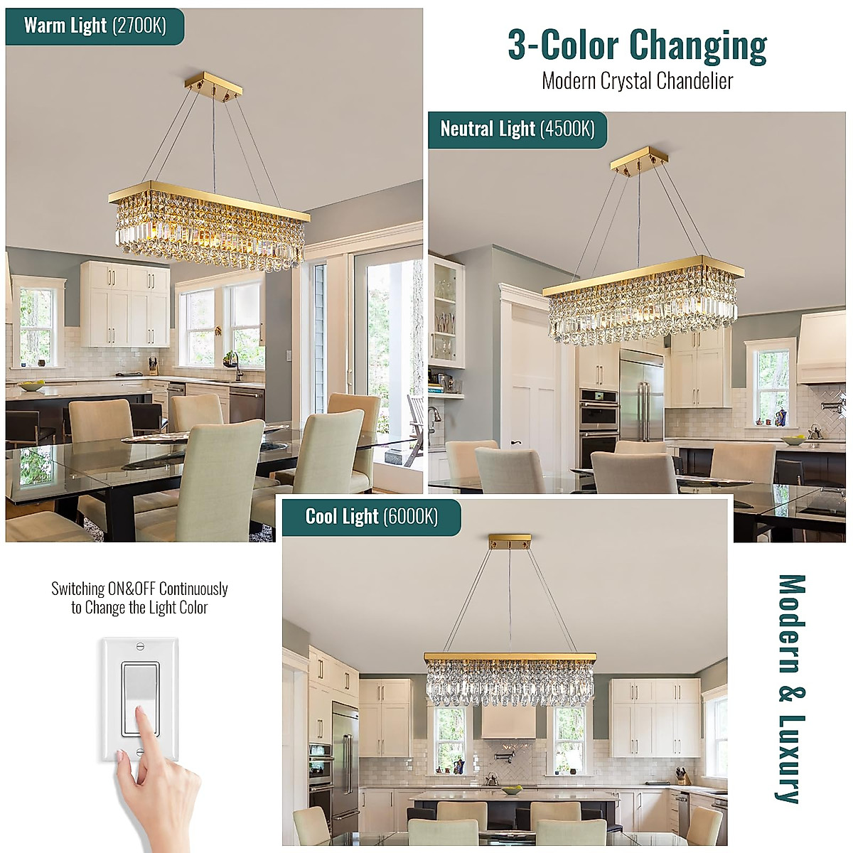 Siljoy 6-Light Modern Crystal Chandelier Rectangular Gold K9 Crystal Raindrop Chandelier for Dining Room, Luxury Adjustable Ceiling Pendant Light for Living Room Kitchen Island L31.5'' x W10'' x H10''