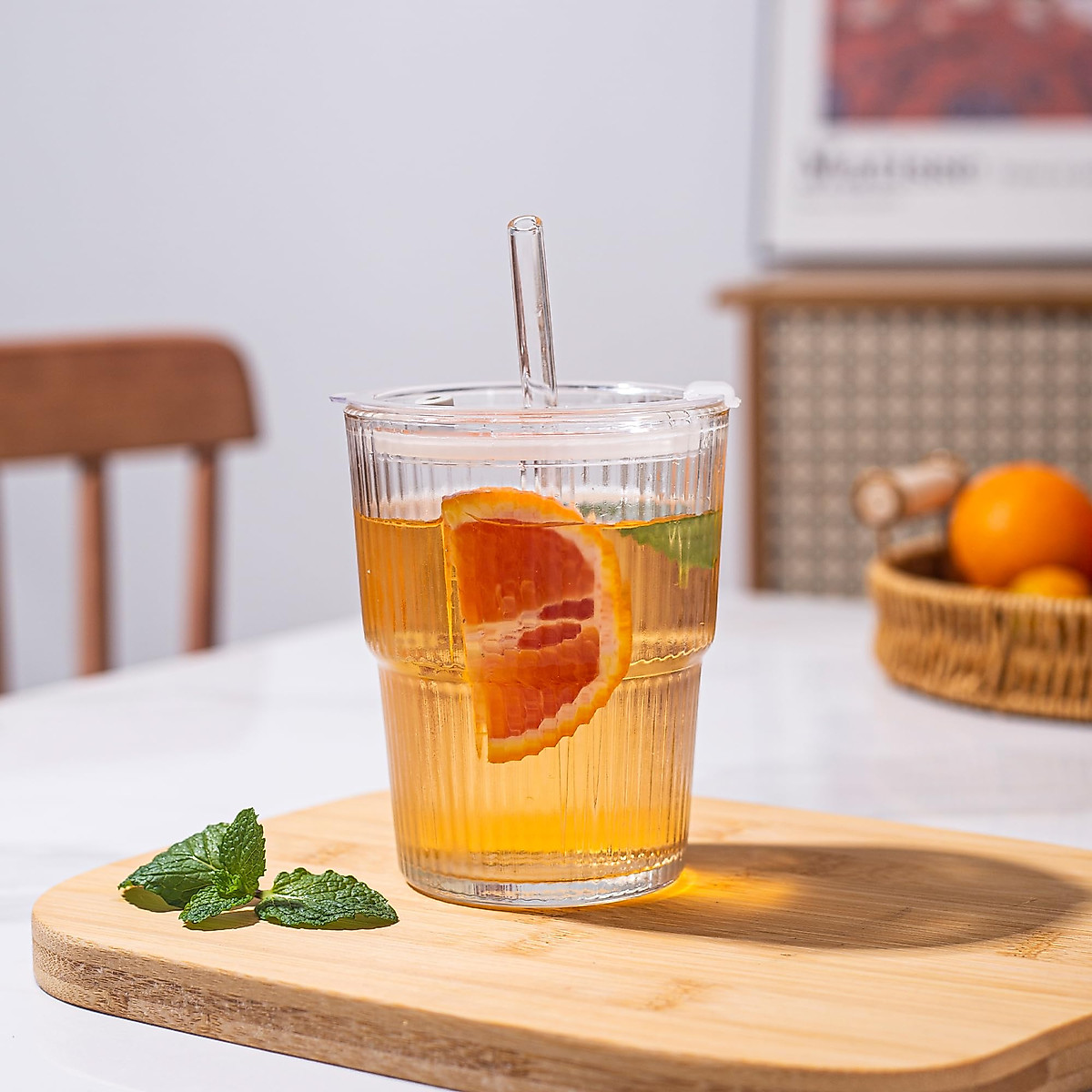 QWEZXO 13OZ/400ML Ice Coffee Glass Tumbler, Thick Wall Water Glass Cup Mug Tea with Straw and Lid Sealed Carry On （Clear）