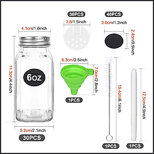 DHSBTLS 6oz Glass Spice Jars with Labels 30 Pcs, Empty Square Spice Bottles with Shaker Lids and Airtight Metal Caps,Chalkboard Marker and Silicone Collapsible Funnel Included