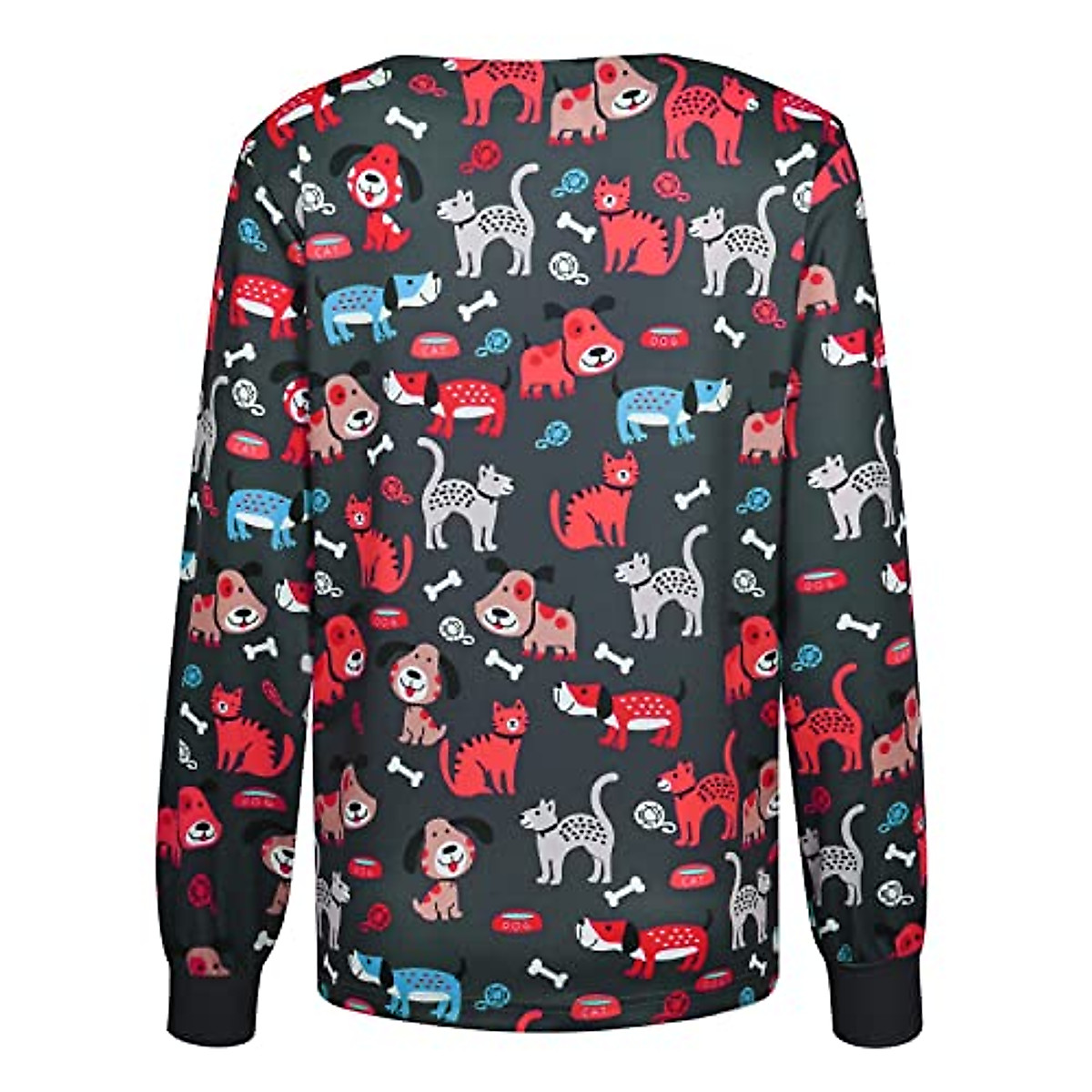Women's Printed Scrubs Jacket Snap Front Cute Animals Pattern Long Sleeve Scrub Tops Working Uniforms