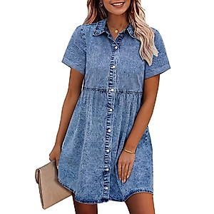 GRAPENT Women’s Swing Dress for Women Button Down Swing Dress for Women Swing Shirt Dress for Women Swing Short Dress for Women Reef Blue Size Large Size 12 Size 14