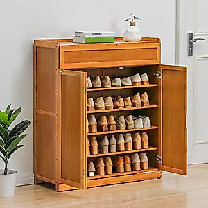 MoNiBloom Bamboo Entryway Shoe Cabinet, Free Standing 6 Tier Shoe Floor Storage Organizer with Doors for Entryway Balcony Bathroom Living Room, Brown