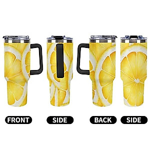 Lemon Slice Pattern 40 Oz Water Bottle, Stainless Steel Tumbler with Handle And Straw, Extra Large Insulated Tumbler, Flip Straw Tumblers for Sports, Work, Car, Travel And Weekends