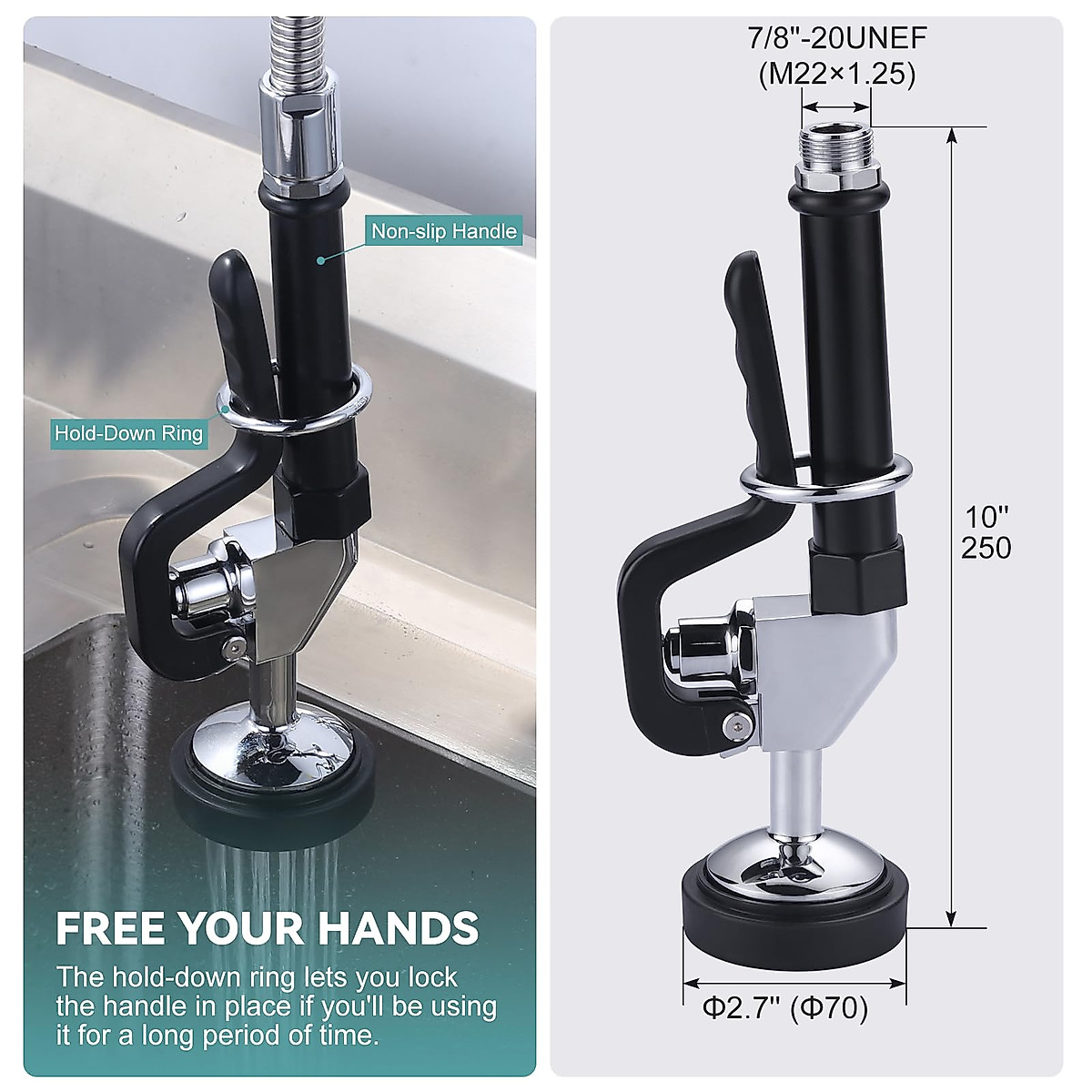 Pre Rinse Sprayer with Black 7/8"-20UNEF Handle Grip Assembly, 1.42 GPM High Pressure Pull Down Spray Head, Handheld Dish Sprayer Nozzle Replacement Part for Commercial Restaurant Kitchen Sink Faucet