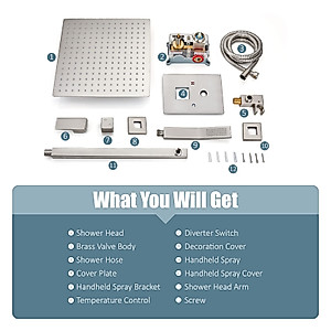 Aolemi Rainfall Shower System 12 Inch Shower Head Brushed Nikcel Combo Set with Handheld Shower Rough-In Valve Included Wall Mount Bathroom Shower Mixer Faucet