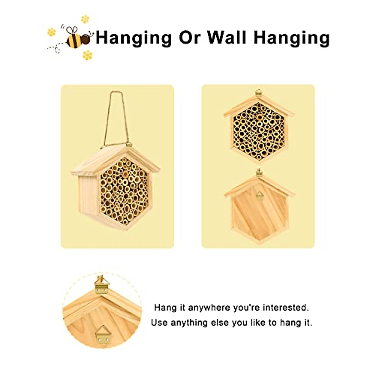 Mason Bee House - Handmade Wooden Bee Hotel Natural Bamboo Bee Habitat Hive Bee Box for Carpenter Bee, Garden Gifts, Pollinating Bees, Leaf Cutter Bee