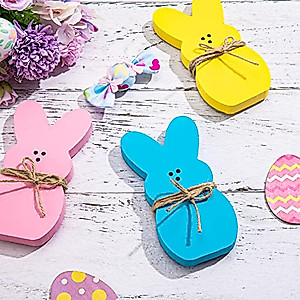 Whaline 3Pcs Easter Bunny Wood Sign Pink Blue Yellow Easter Rabbit Table Centerpiece with 32.8ft Jute Rope Freestanding Bunny Tabletop Tiered Tray Decor for Spring Birthday Home Farmhouse Party
