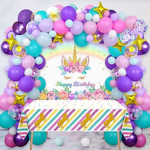 129Pcs Unicorn Theme Birthday Party Decorations Supplies For Girls,Rainbow Unicorn Balloon Garland Arch Kit With Unicorn Backdrop Tablecloth,Fringe Curtain Rainbow Gold Confetti Pink Purple Balloons