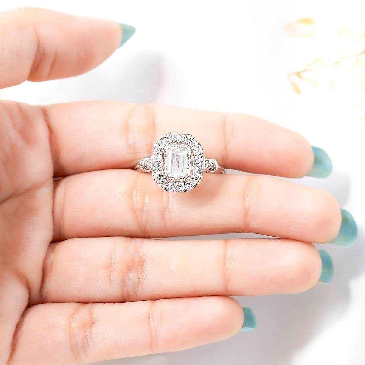 1 2/5 Carat Emerald Cut Cubic Zirconia Art Deco Milgrain Engagement Ring for Women in 925 Sterling Silver (VVS, 1.40 CTW) Anniversary CZ Ring Size 8 by Facet Jewel