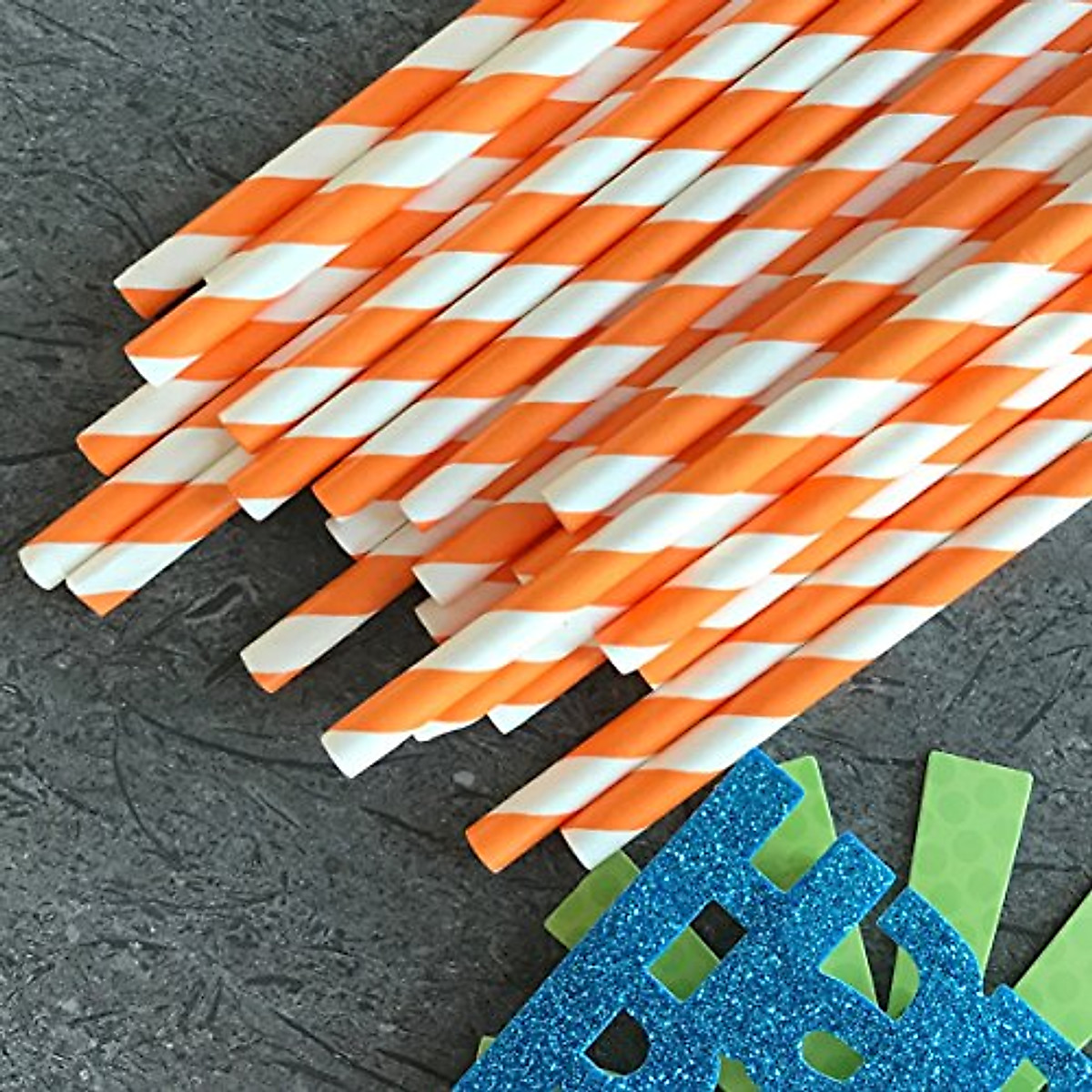 Stripe Paper Straws - Party Supply - Orange White - 7.75 Inches - Pack of 100 - Outside the Box Papers Brand