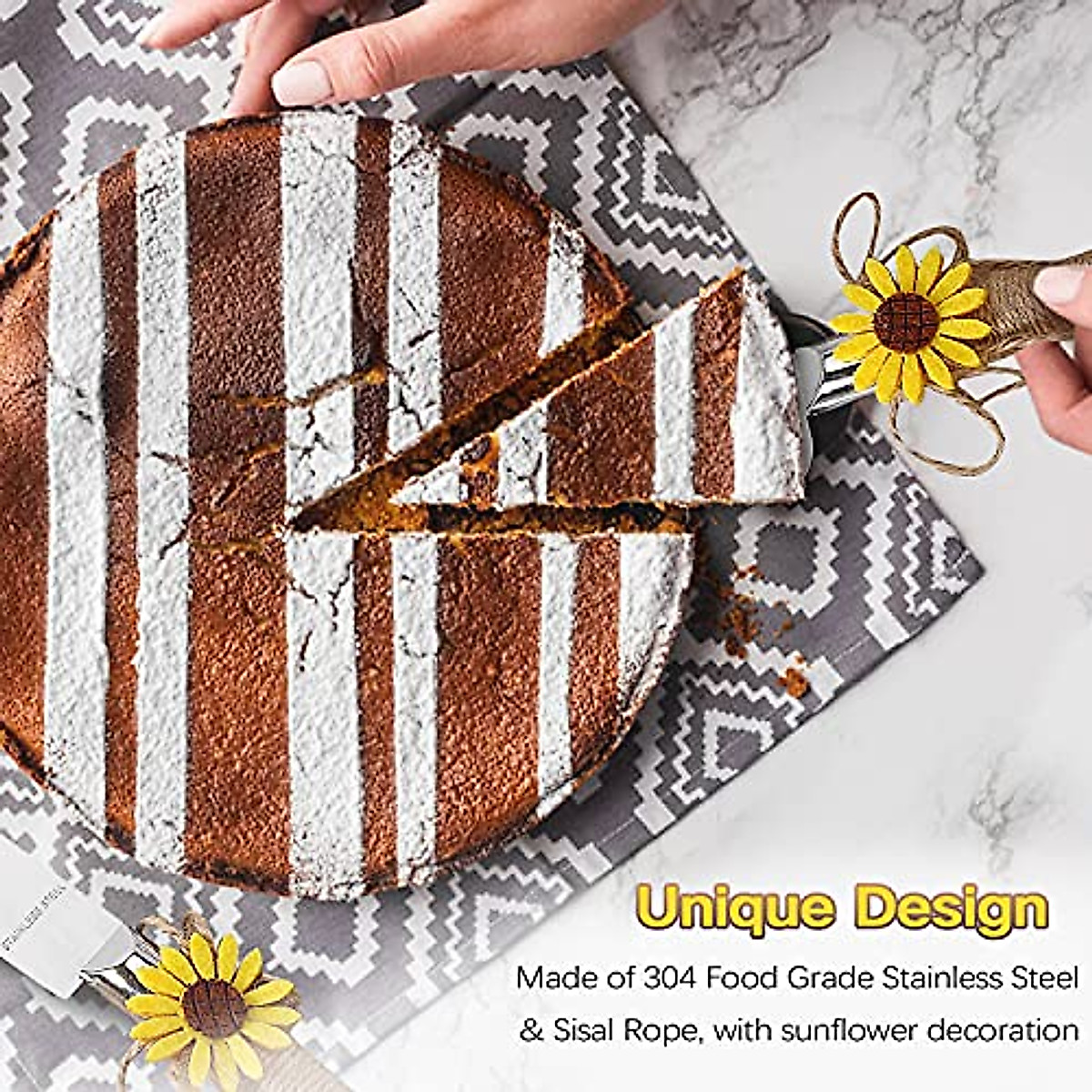 Rustic Wedding Cake Knife & Server Set with Sunflower Decor, Stainless Steel Cakes Bread Pizza Pie Cutter Serving, Great for Engagement Anniversary Birthday Parties Gift
