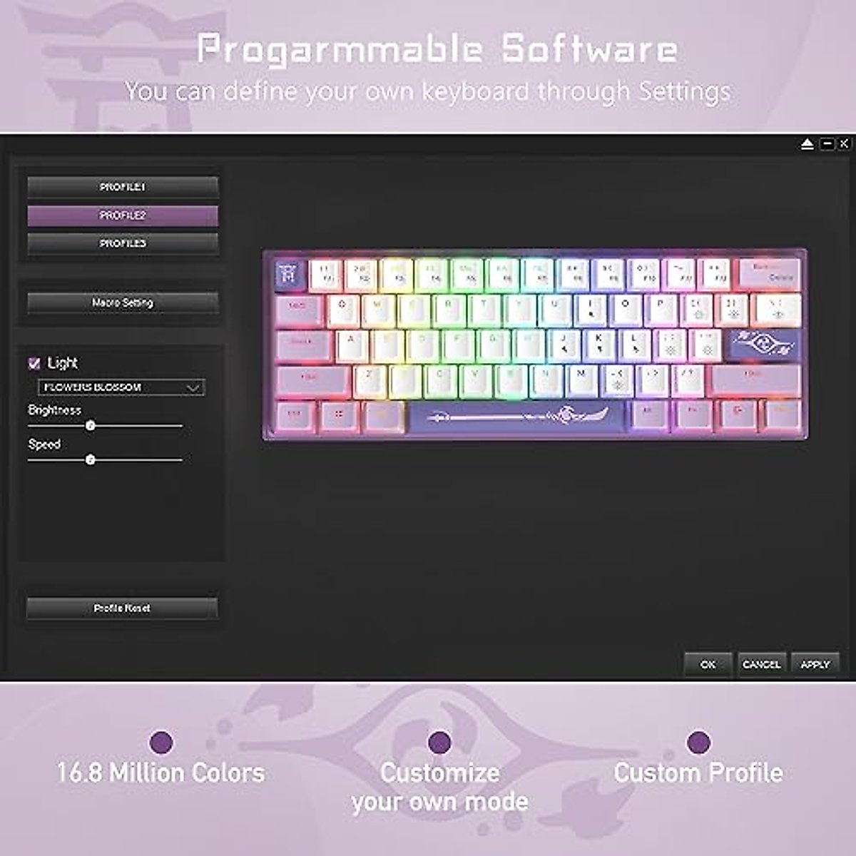 Womier WK61 Purple Keyboard - 60% RGB Mechanical Gaming Keyboard,Hot-Swappable Mini Keyboard w/Pudding Keycaps, Pro Driver/Software Supported - Red Switch(with Silicone Pad)