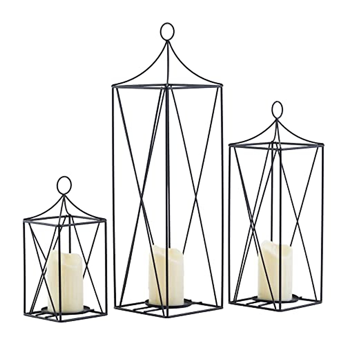 Set of 3 Tall Metal Lanterns 24’’ & 19’’ & 13’’ Elegant Decorative Lantern with Pillar Candle Holder, Garden Porch Night Indoor/Outdoor for Wedding Décor, Party, Christmas (Black)