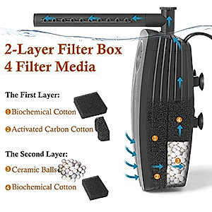 FEDOUR 165GPH Aquarium Filter, 8W Adjustable Fish Tank Filter Pump, Submersible Internal Filter for 10-50 Gallon Tank, with Biochemical Cotton, Activated Carbon Cotton, Ceramic Balls