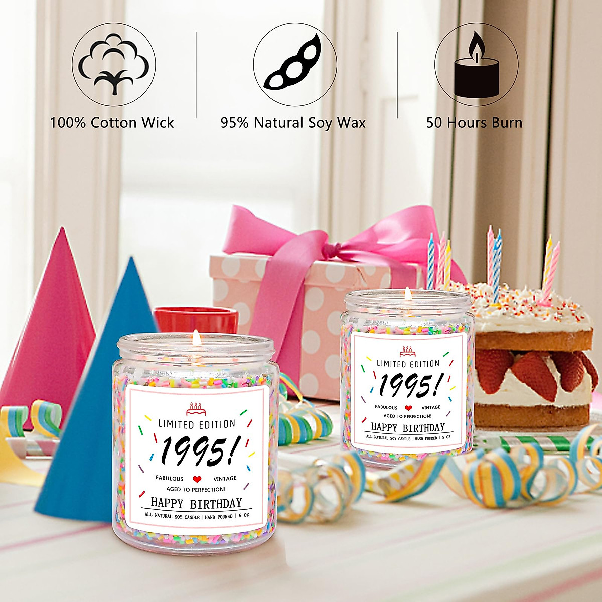 Homsolver 30th Birthday Gifts for Her Women, Happy 30th Birthday Decorations Candle Gifts Ideas-Limited Edition 1995 Handmade Candles (Vanilla Birthday Cake Scent with Sprinkles)