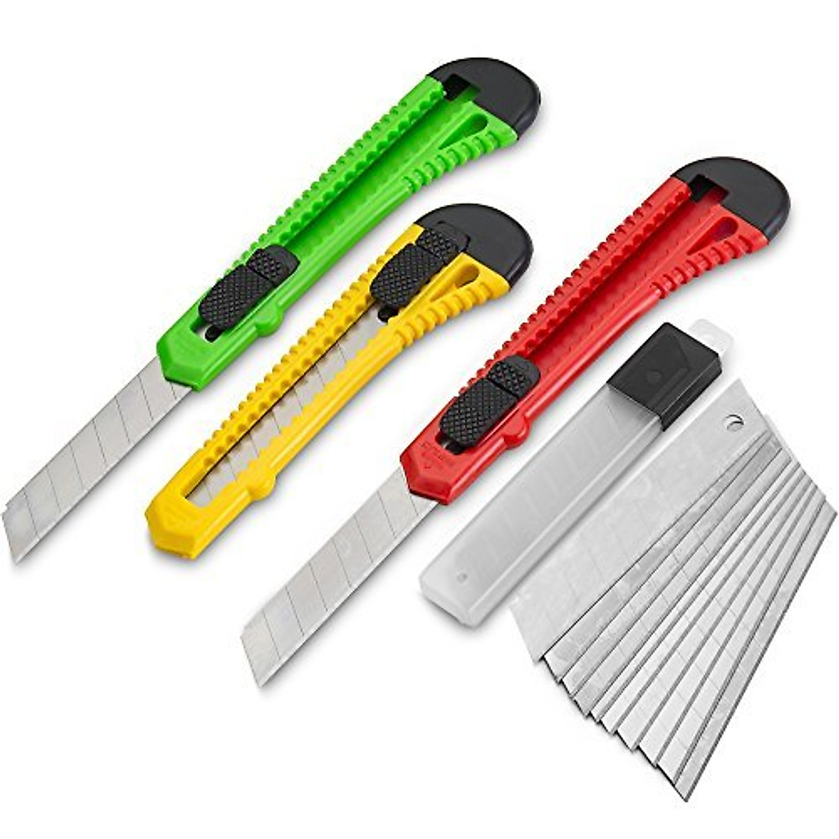 Fixson Utility Knife 18-MM Box Cutter (3 PACK) Retractable Razor Blades Knifes with Snap Off Blades and Slide Locks, Great Packaging Tools & Hobby Knife (10 Replacemant Blades Included)