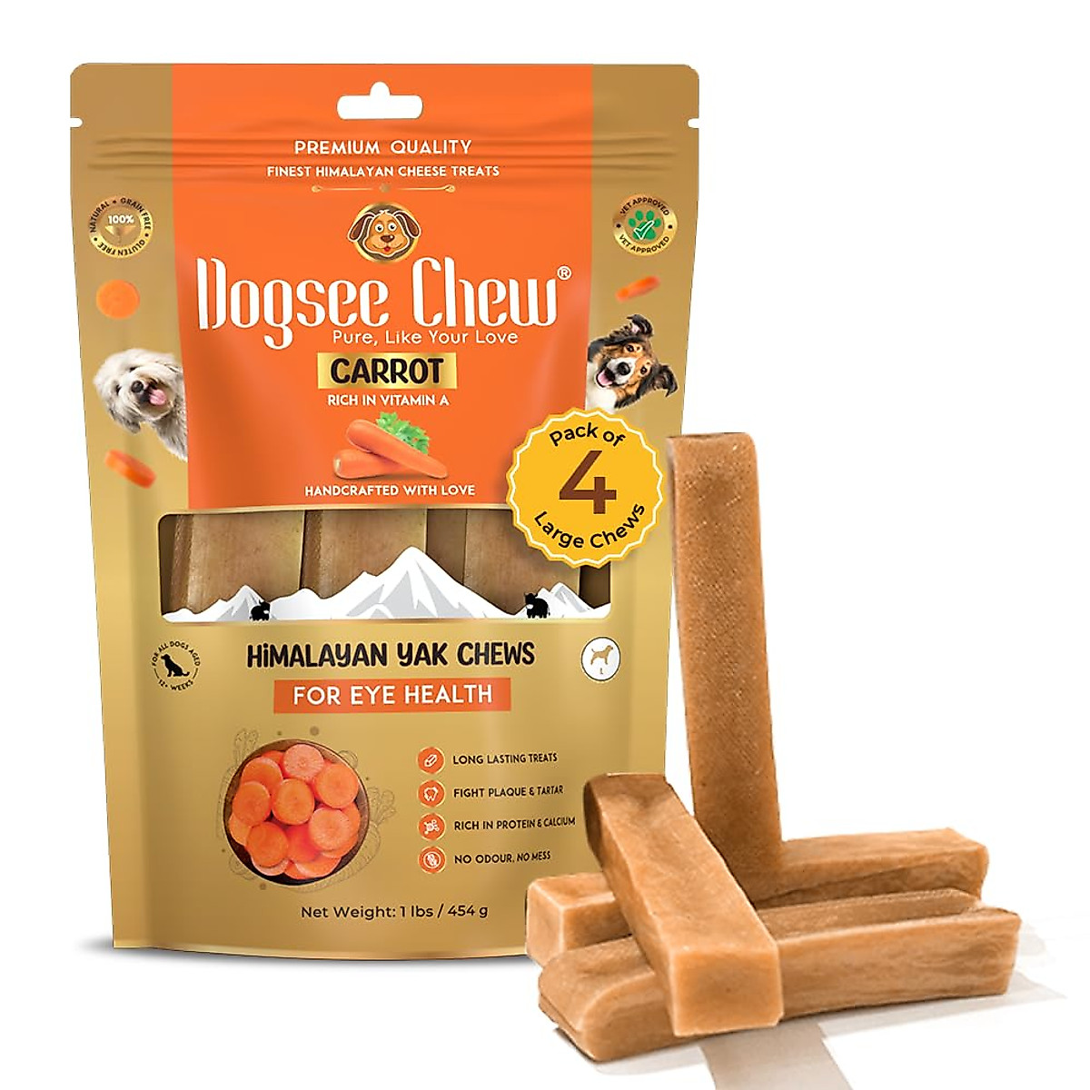 Dogsee Himalayan Yak Cheese Chews with Real Carrots 1lb (Large - 4 Chews) | for Healthy Vision | Fight Plaque & Tartar | Long Lasting Dental Dog Chews…