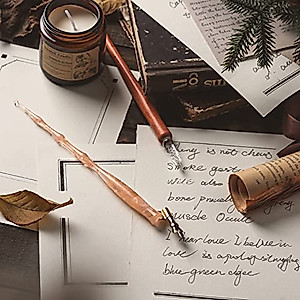 VANGOAL Oblique Calligraphy Pen and Glass Pen Ink set, Includes Crystal Oblique Dip Pen,Wooden Glass Pen,5 Different Nibs and Bottle of Ink, Gorgeous Art & Business Gift (Orange+Pink)