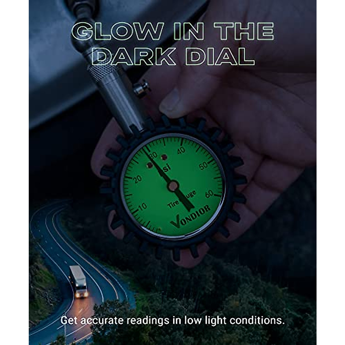 Tire Pressure Gauge - (0-60 PSI) Heavy Duty, Certified ANSI Accurate with Large 2 Inch Easy to Read Glow Dial, Low - High Air Pressure Gauge. Tire Gauge for Car and Trucks Tires by Vondior (White)