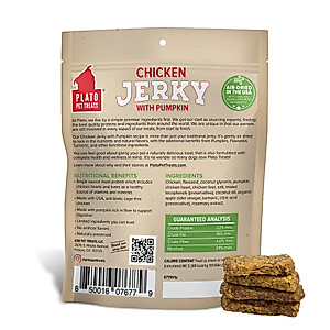 PLATO Pet Treats Air Dried, Real Meat, Chicken Jerky with Pumpkin Dog Treats, Made in The USA, Grain Free, 16oz