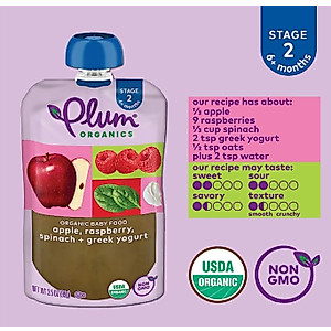 Plum Organics | Stage 2 | Organic Baby Food Meals [6+ Months] | Apple, Raspberry, Spinach & Greek Yogurt | 3.5 Ounce Pouch (Pack Of 6) Packaging May Vary