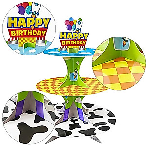 3-Tier Cartoon Story Cupcake Stand Cardboard Cake Stand Dessert Tower Holder for Toy Theme Birthday Decoration Baby Shower Party Supplies
