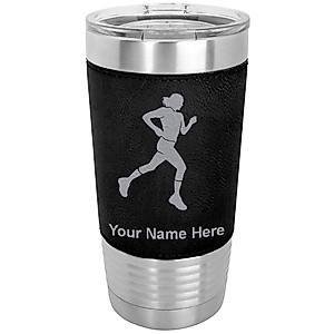 LaserGram 20oz Vacuum Insulated Tumbler Mug, Running Woman, Personalized Engraving Included (Faux Leather, Black)