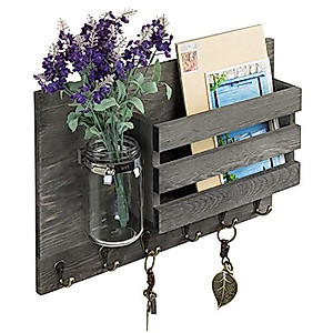 MyGift Vintage Gray Wood Key and Mail Holder for Wall Rack with 6 Hooks and Decorative Mason Jar Vase