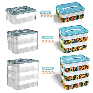 PeoTRIOL 3-Tier Stackable Toy Storage Box with Lid Dividers, Kid Toy Blocks Organizer Container Removable Tray, Plastic Toy Chest Organizer for Baby Nursery Playroom - Toy Blocks Not Included