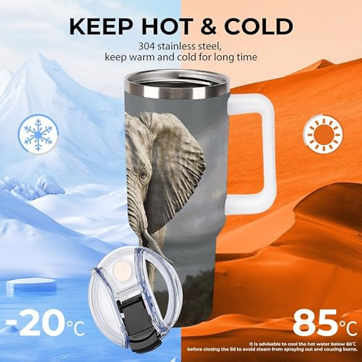 LLUTSNTH 40 Oz Vacuum Tumbler with White Handle Leakproof Insulated Tumbler 3D Elephant Stainless Steel Travel Mug with Lid And Straw Coffee Cup Cute Water Bottles Cup Holder Friendly