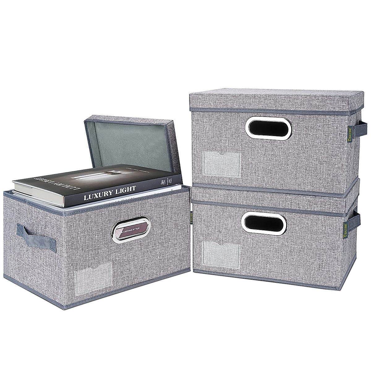BALEINE Storage Bins with Lids, Foldable Linen Fabric Storage Boxes with Lids, Collapsible Closet Organizer Containers with Cover for Home Bedroom Office (3pack Gray Medium)