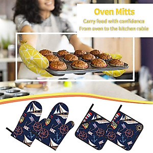 Nautical Sailboat Anchor Lighthouse Oven Mitts and Pot Holders Sets of 4,Non-Slip Heat Resistant Oven Gloves for Baking Cooking Grilling BBQ