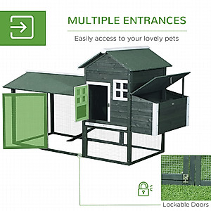 PawHut 84" Wooden Chicken Coop, Hen House Outdoor with Run Nesting Box, Asphalt Roof, Removable Tray, Ramp, Poultry Cage for 2-3 Chickens, Green