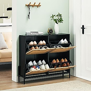 GAOMON Natural Rattan 4 Flip Door Shoe Rack Storage Cabinet, Shoe Cabinet Organizer Freestanding with 3-Tier Adjustable Shelves for Entryway, Entrance Hallway (4 Flip Doors, Black)