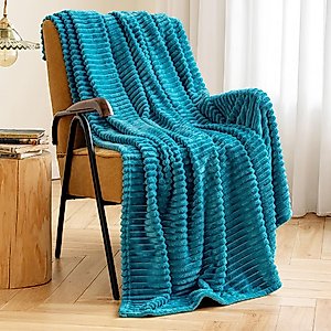 MIULEE Fleece Throw Blanket for Couch 300GSM Super Soft Lightweight Plush Striped Blanket, Teal Blue Warm Cozy Breathable Ribbed Blanket for Bed/Sofa, Throw Size 50"x60", Turquoise