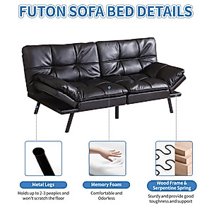 MUUEGM Futon Sofa Bed Couch Memory Foam Futon Convertible Couch Bed Sleeper, Modern Love Seat Daybed Sofa for Living Room, Small Space, Office, 71", Adjustable Backrests Armrests, Black