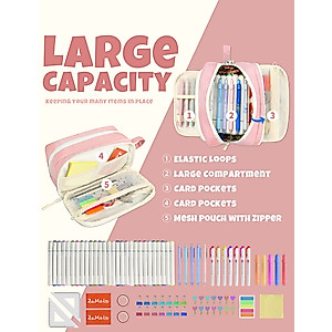 SUNEE Cute Pencil Case, Aesthetic Pen Pouch with 3 Compartments, Kawaii Colored Large Pencil Bag with Zipper, Stationery Storage and Organizer, Pink School Supplies for Teen and Adult Girls