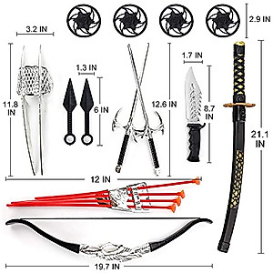 Liberty Imports Ninja Warrior Bow and Arrow Archery Set with Katana Sword, Sai, Melee Toy Weapons for Kids Pretend Role Play Equipment, Cosplay, Costume Accessories