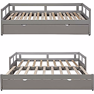 MERITLINE Daybed with Trundle,Twin to King Trundle Bed Extendable Design, Wooden Daybed/Sofa Bed for Bedroom Living Room,No Box Spring Needed,Grey