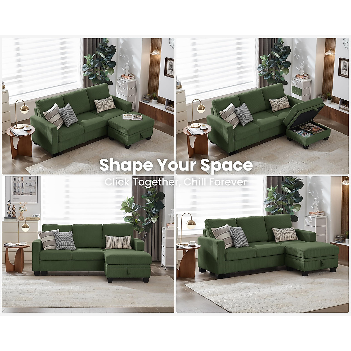 CHIC HOUSE Modular Sectional Sofa Corduroy Couch, Customizable U-Shaped Sofa with Storage Ottoman, Reversible Chaise for Living Room, Oversized L-Shaped Sofa Set (Green, 4 Seater Sectional)